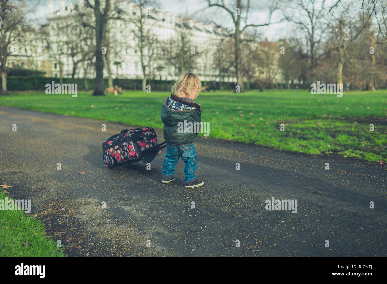 A little toddler is pulling a suitcase in the park Stock Photo - Alamy
