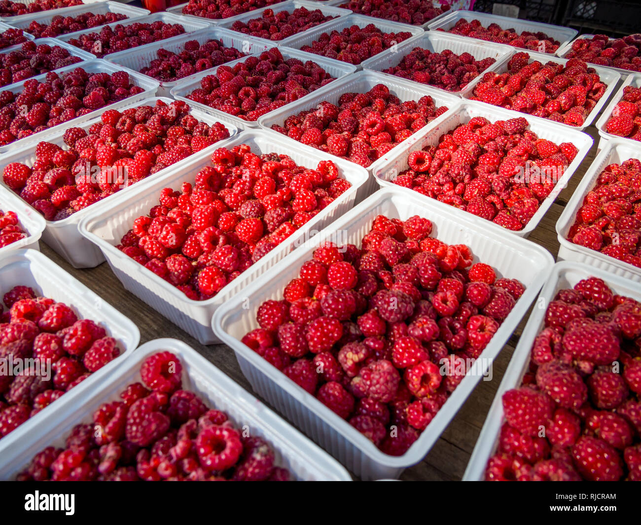 Trays with ripe raspberries on the counter of the vegetable market ...