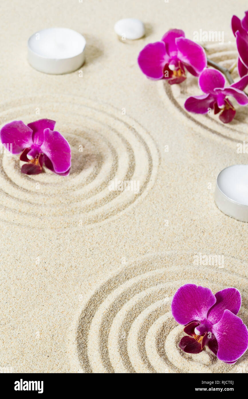 Zen garden with the purple orchids and candles Stock Photo - Alamy