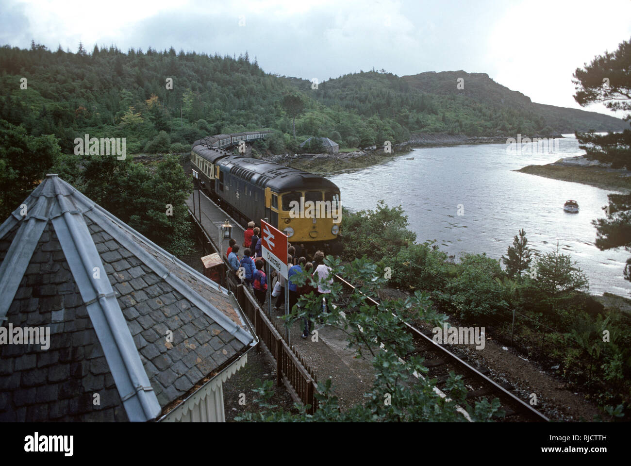 British Rail diesel train approaching Duncraig Halt, railway station on ...