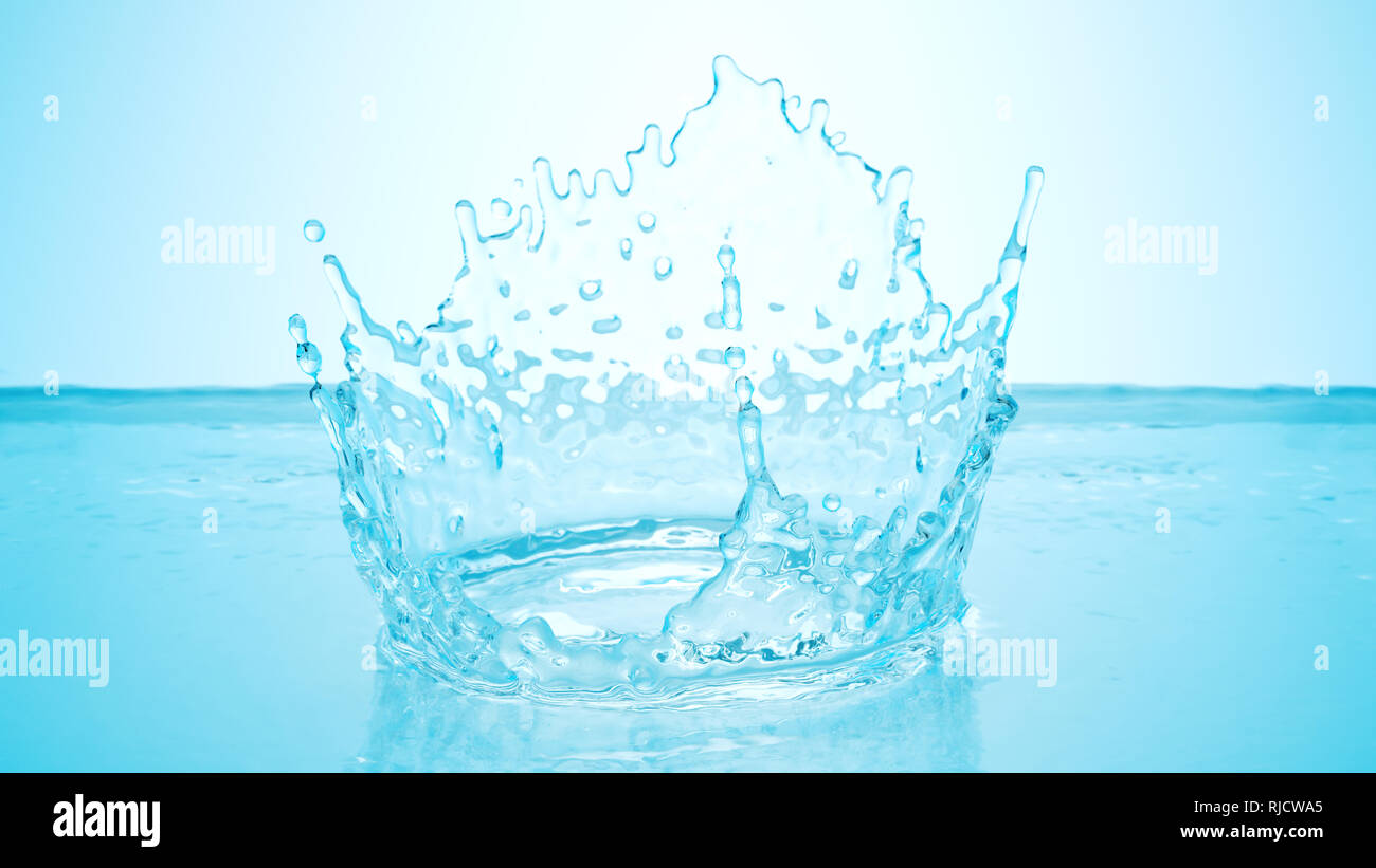 Frozen motion splash crown with waves and droplets on calm water ...