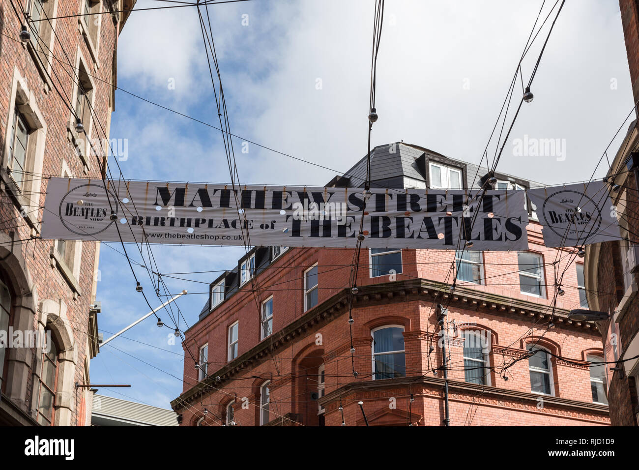 Mathew Street birthplace of The Beatles banner in Liverpool, Merseyside ...