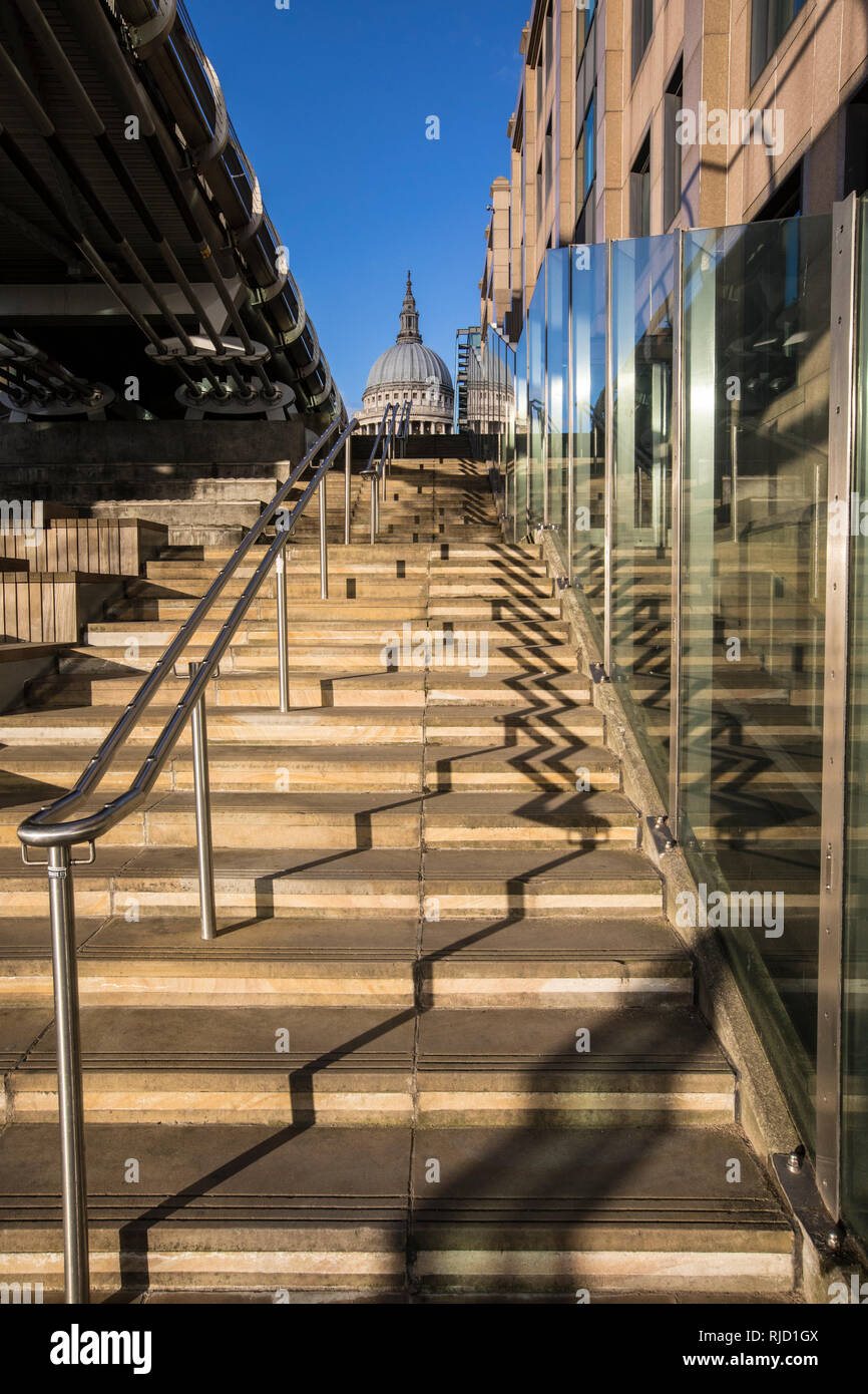Steps from the Thames Path leading up to St. Pauls Cathedral in London ...