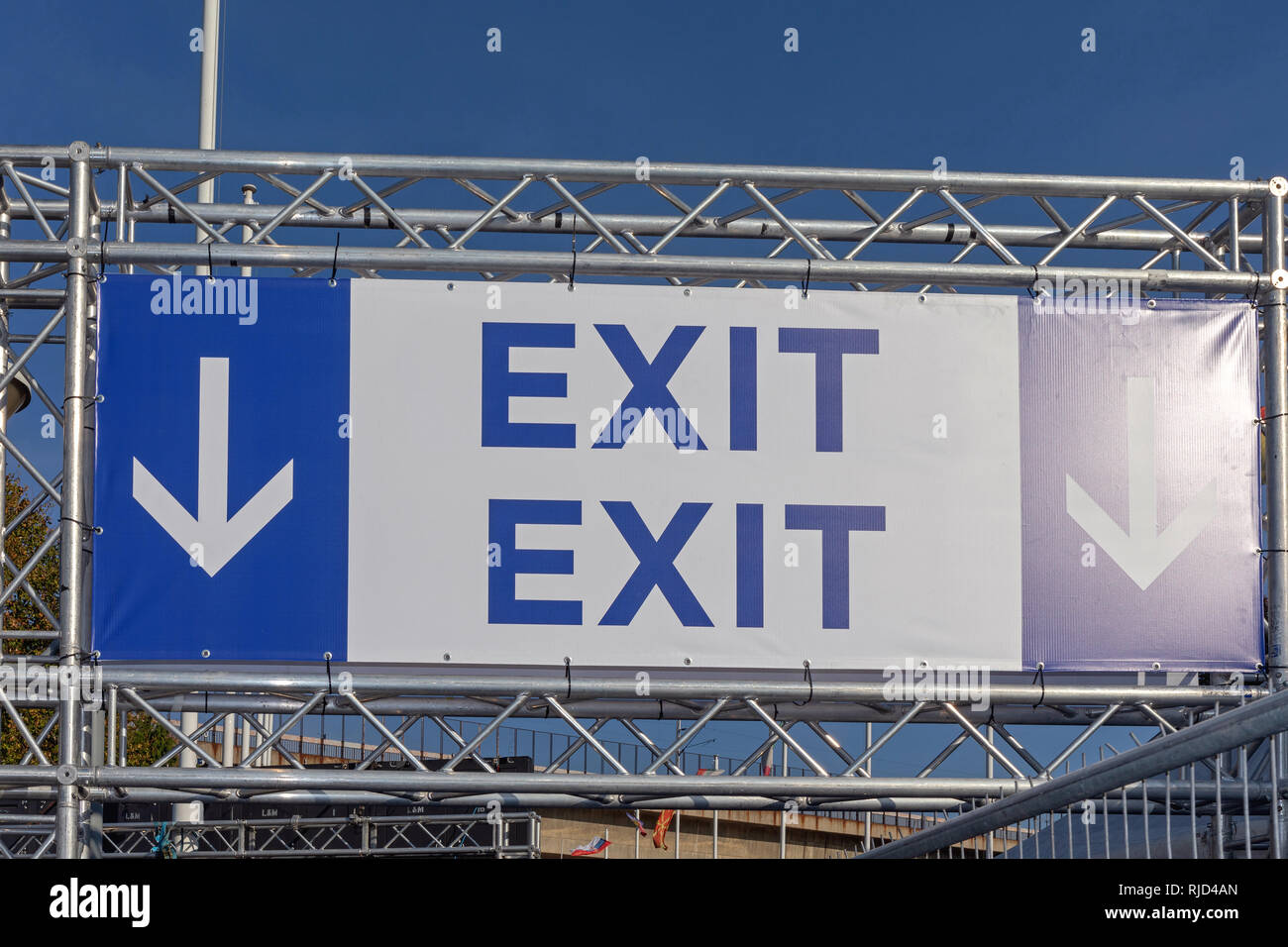 Exit Sign and Direction Arrows at Temporary Structure Stock Photo - Alamy