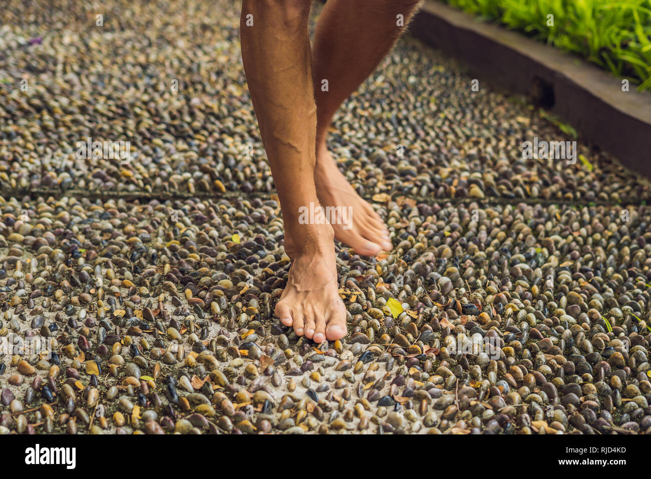 Man Walking On A Textured Cobble Pavement, Reflexology. Pebble stones ...