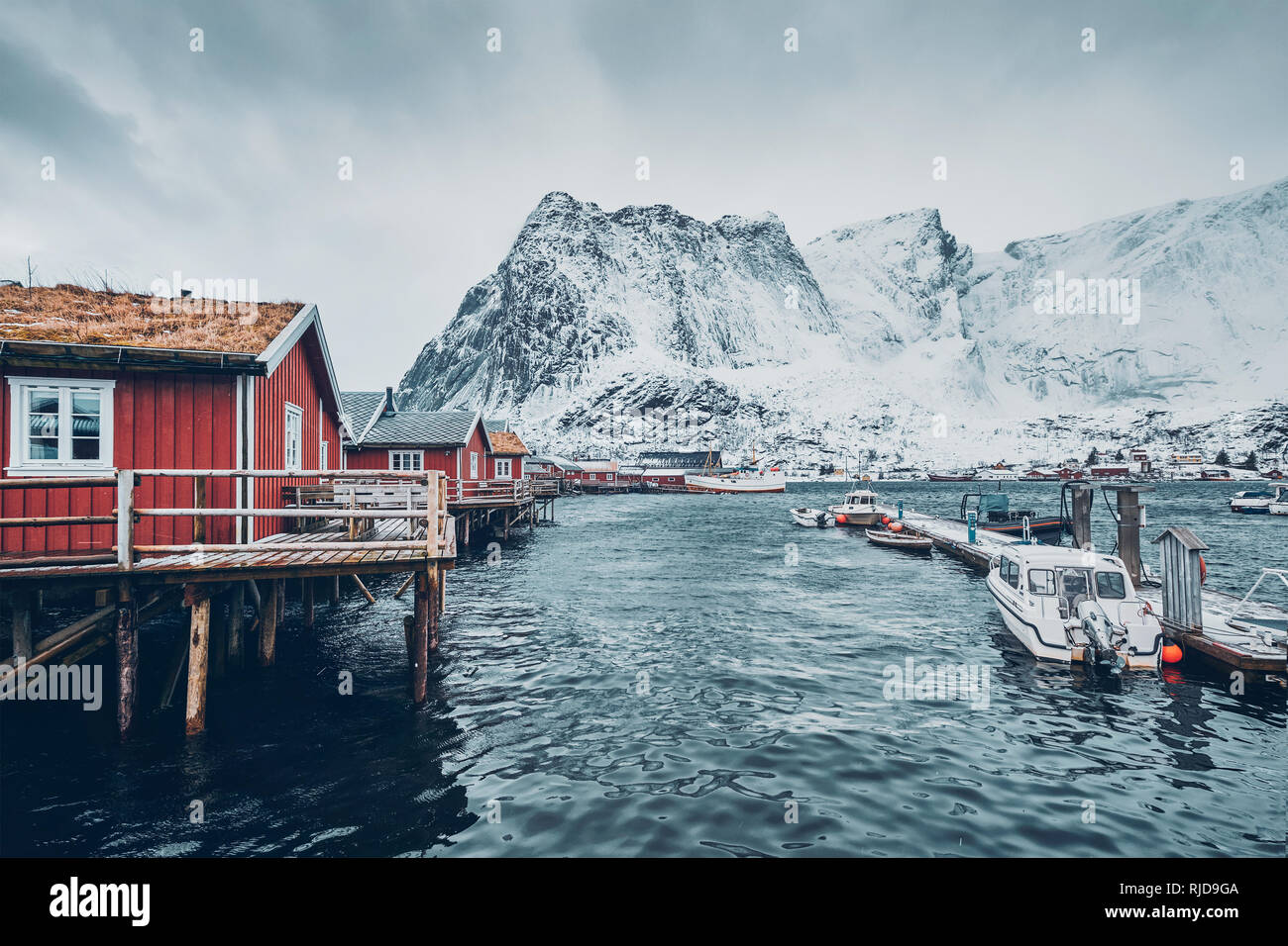 Traditional red rorbu houses in Reine, Norway Stock Photo - Alamy