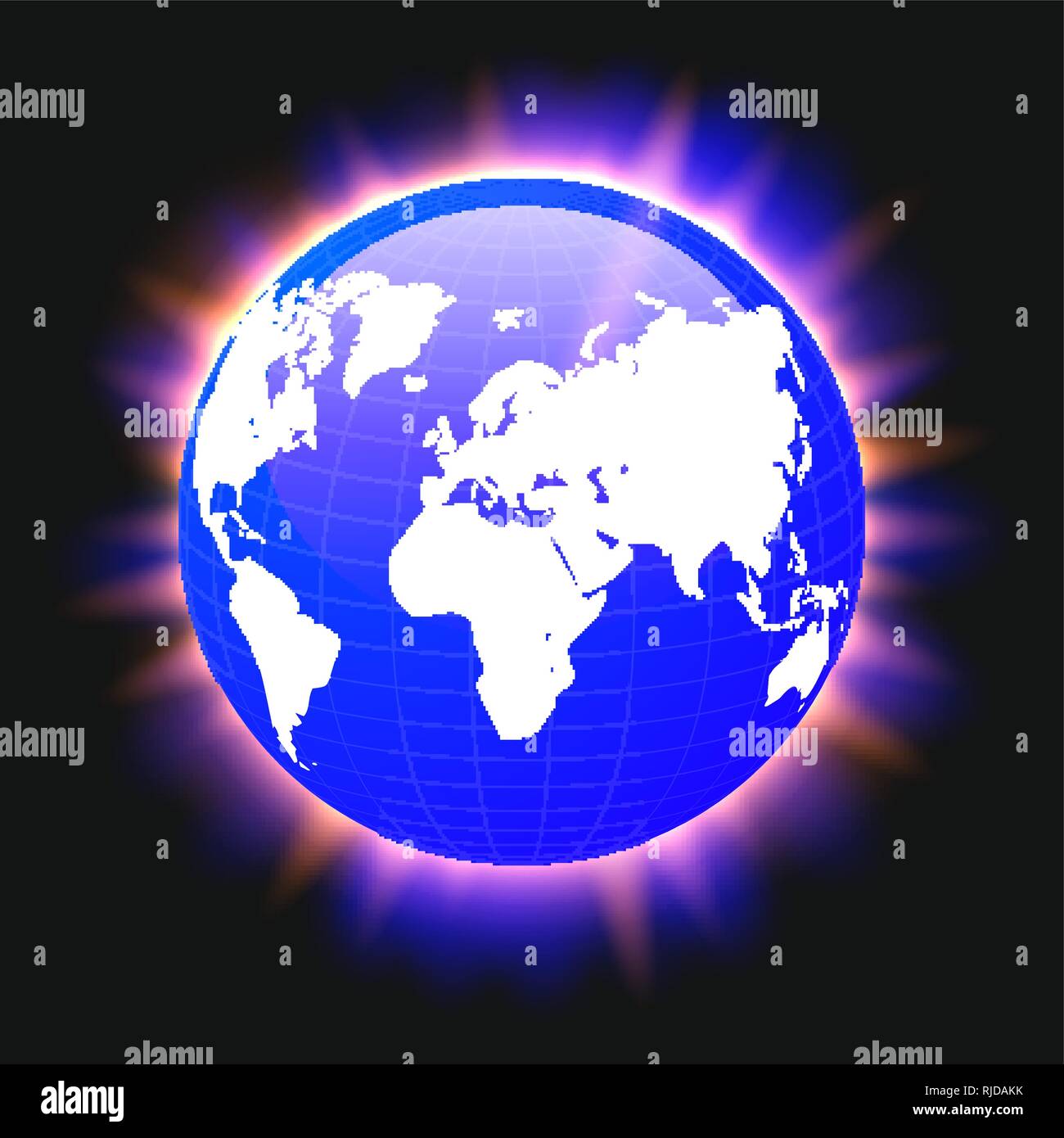 Blue planet earth and world map colorful light beams, vector ...