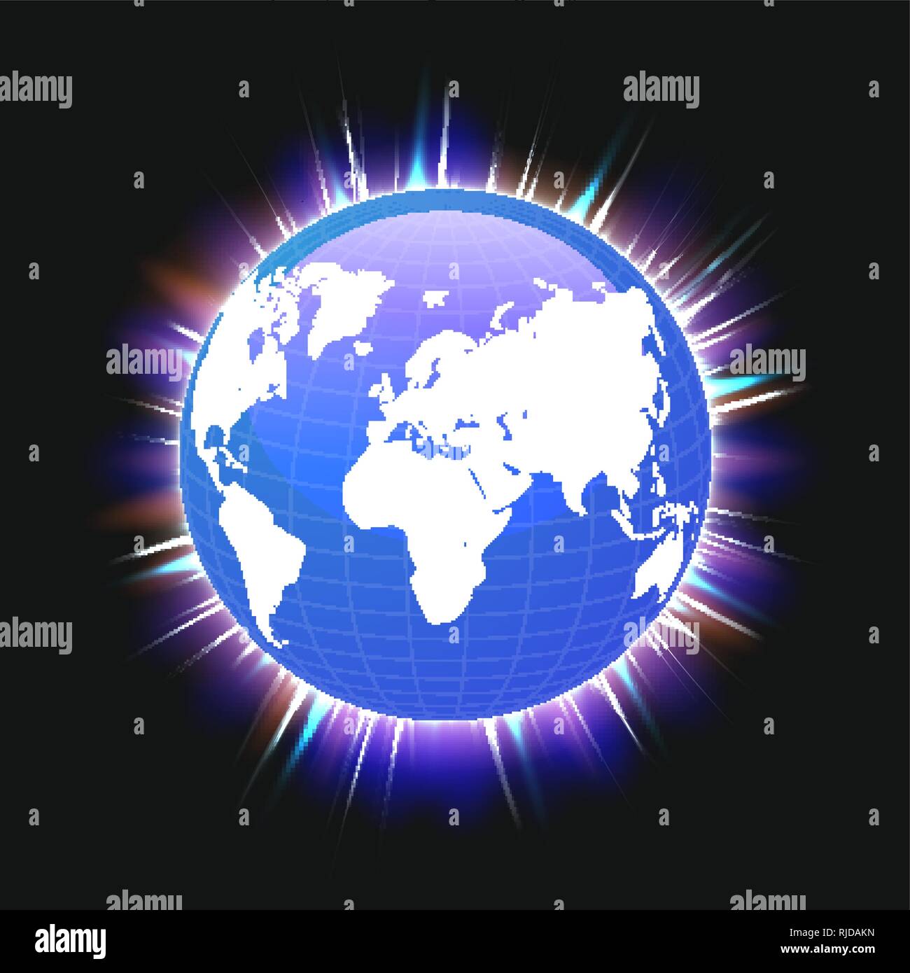 Blue planet earth and world map colorful light beams, vector ...
