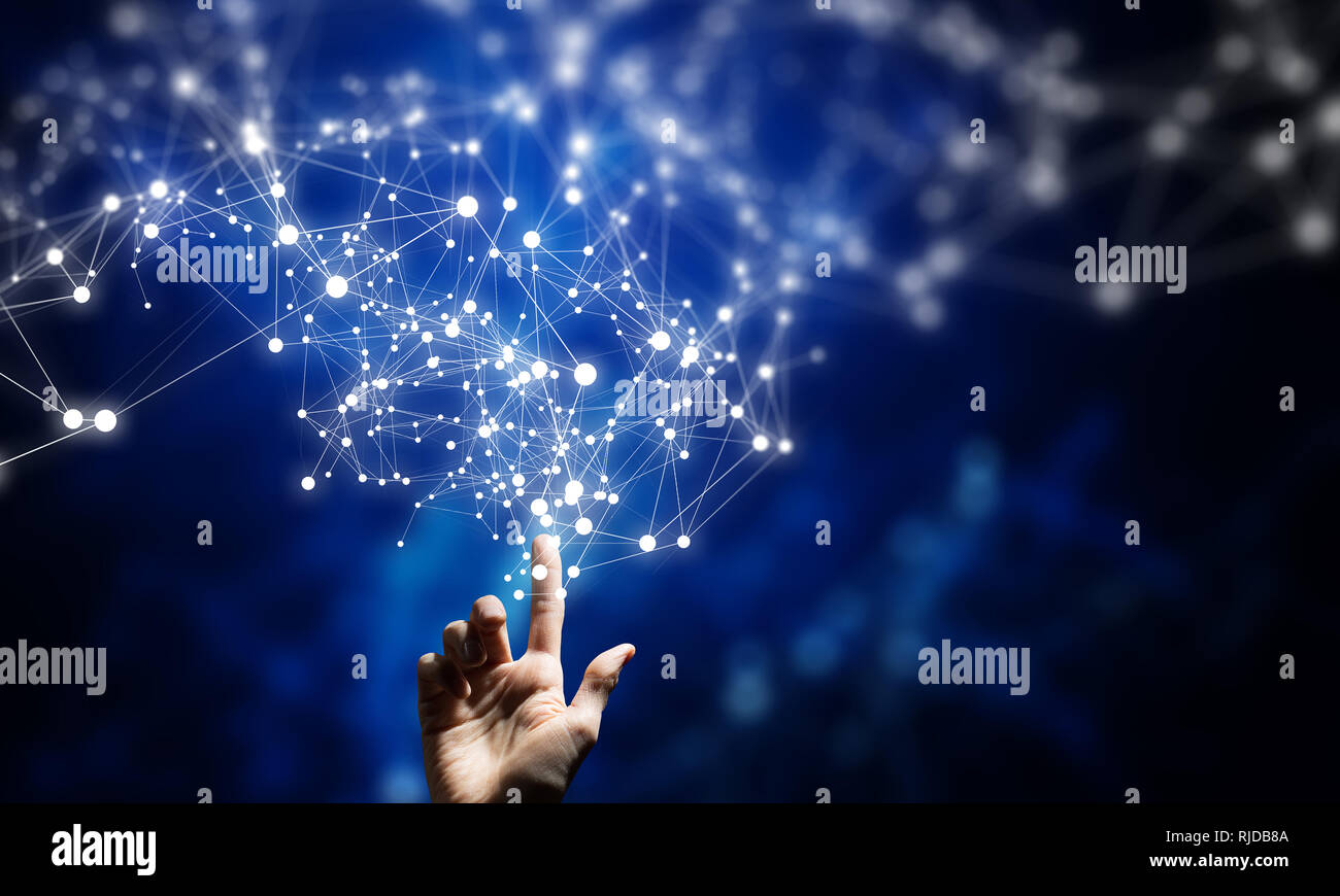 Hand touch technology background with lines and dots. 3d rendering ...