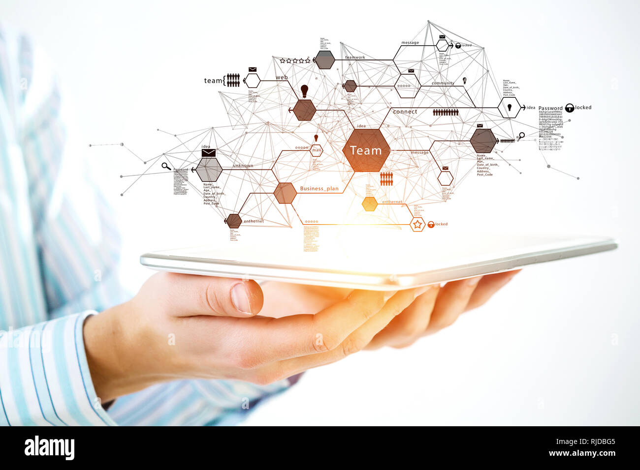 Hand of businessman showing tablet pc as concept of connectivity. 3d ...