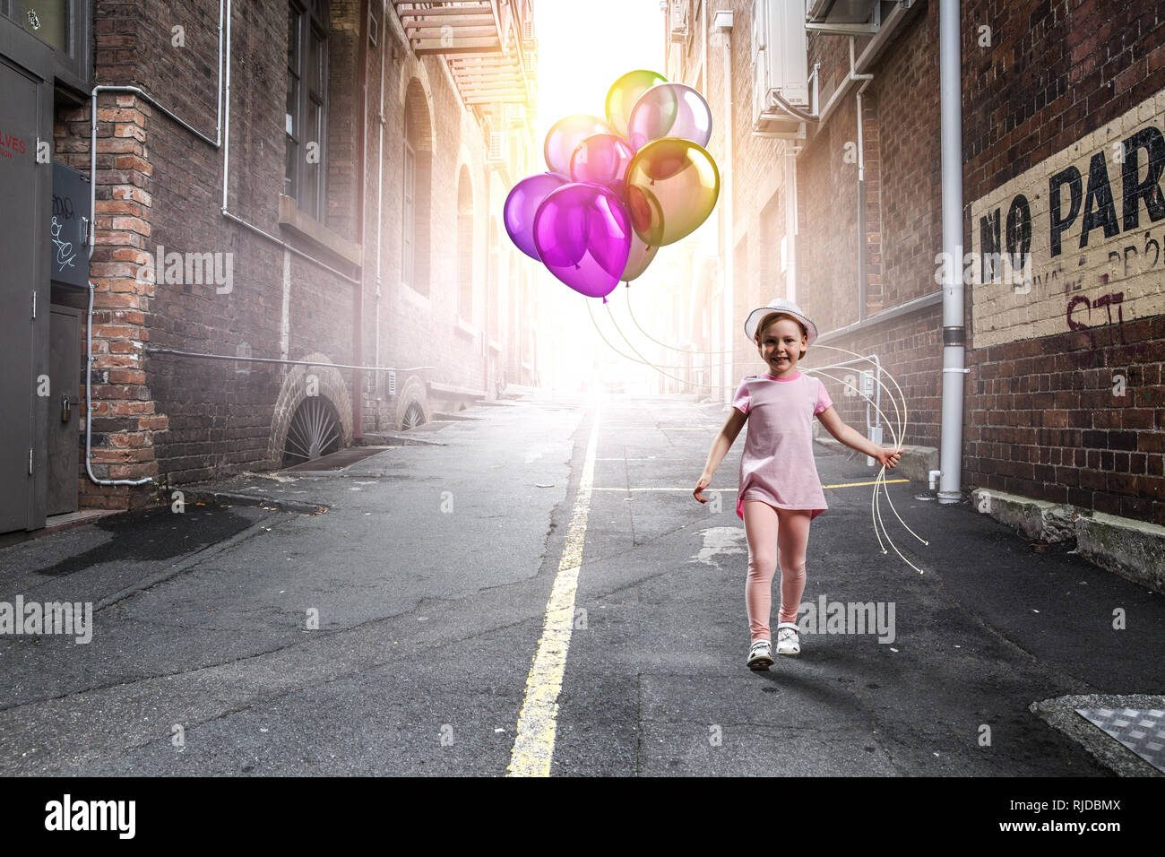 Little kid girl with balloons walking alone. Mixed media Stock Photo ...