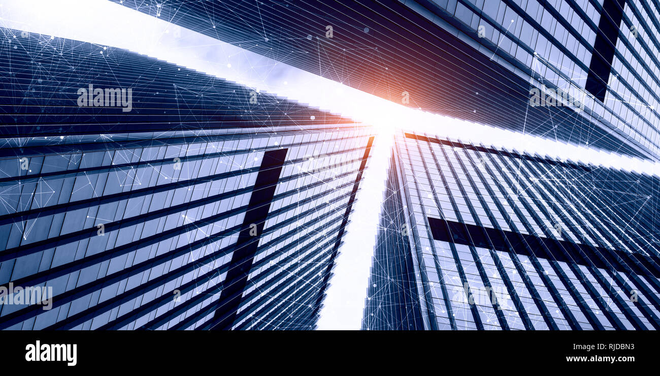 Bottom angle view of glass blue building. 3d rendering Stock Photo - Alamy