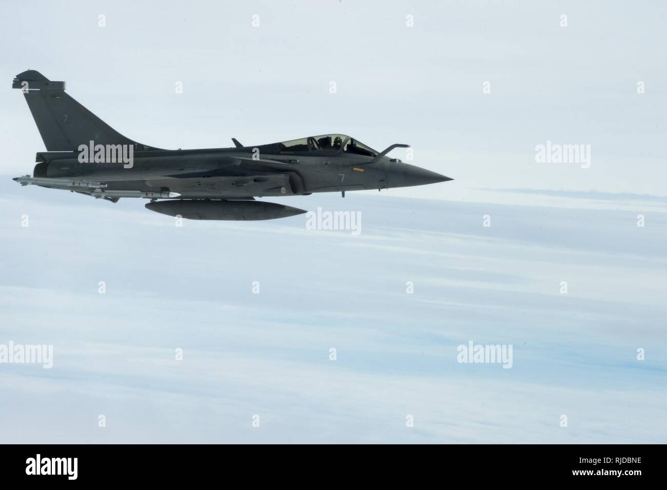 A French Rafale intercepts a B-52 Stratofortress during a flight en ...