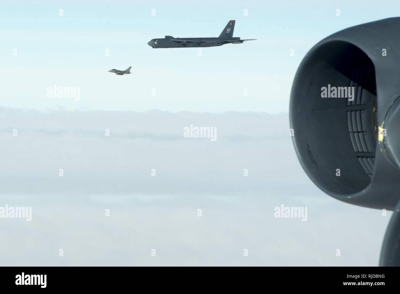 A French Rafale intercepts a B-52 Stratofortress during a flight en ...