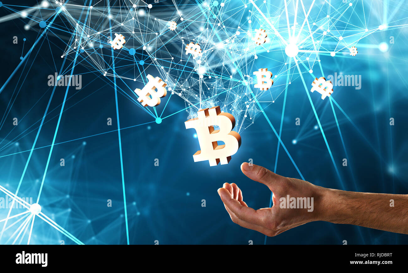Bitcoin symbol and connection lines in male hand as concept for ...