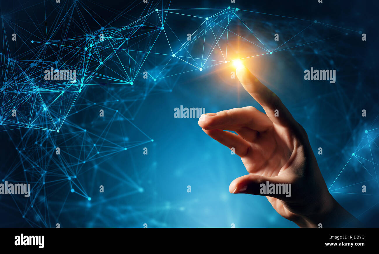 Hand touch technology background with lines and dots. 3d rendering ...