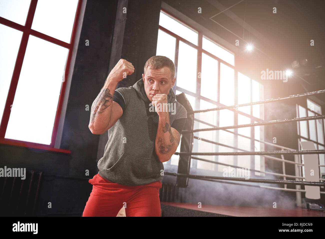 Confident handsome athlete in sports clothing throwing uppercut. Young ...