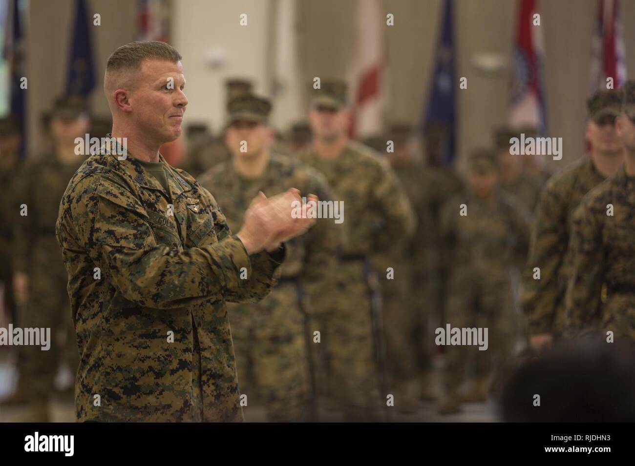 Sgt. Maj. Dylan Goldman speaks to the attendees of the Marine Corps ...