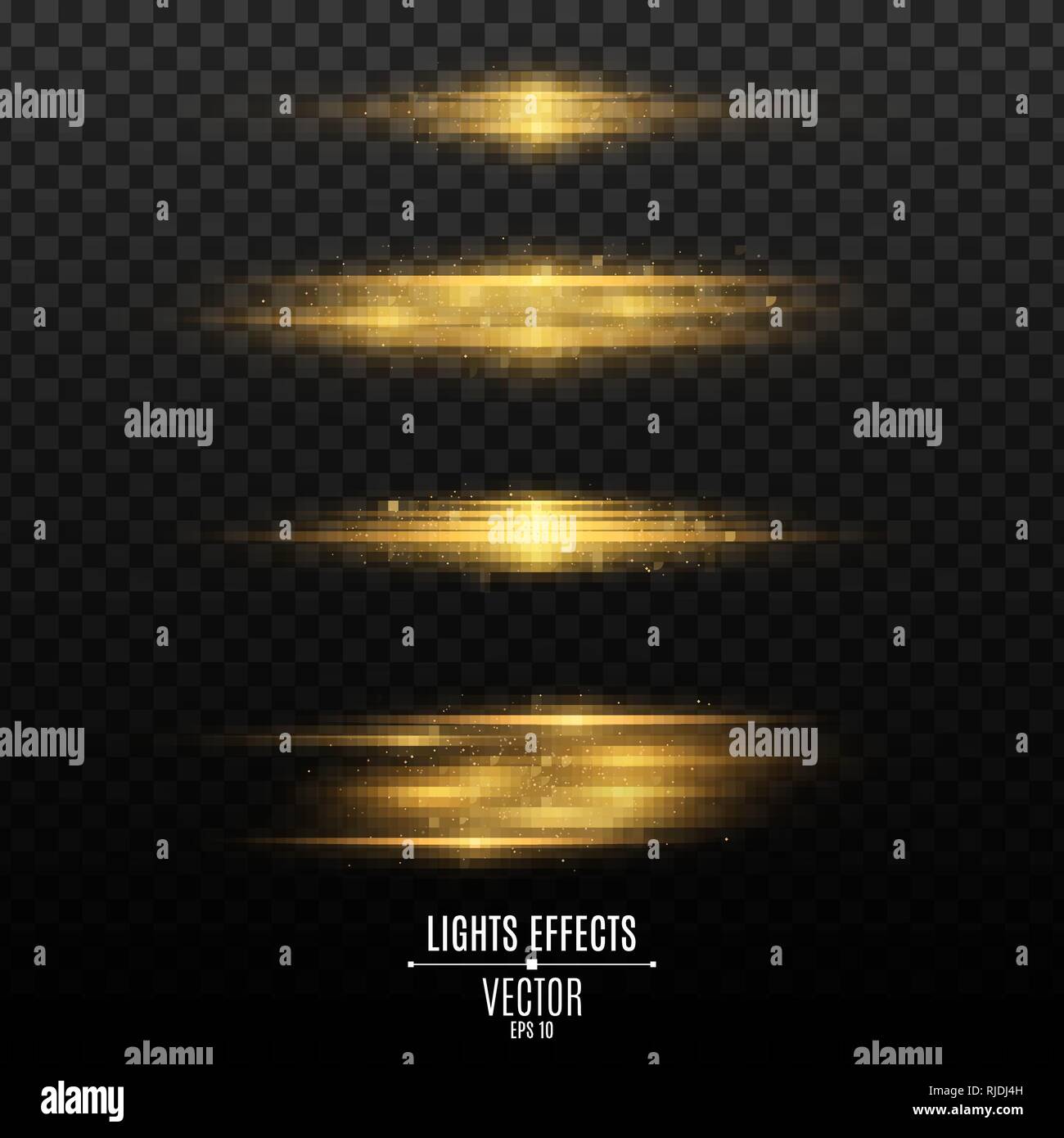 Set of golden light effects on a transparent background. Flashes and glares. Neon rays of light ...