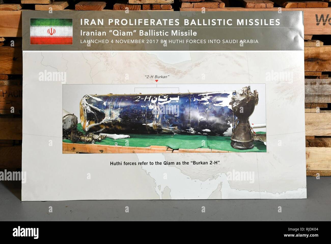 A sign explains the markings on an Iranian Qiam class ballistic missile ...
