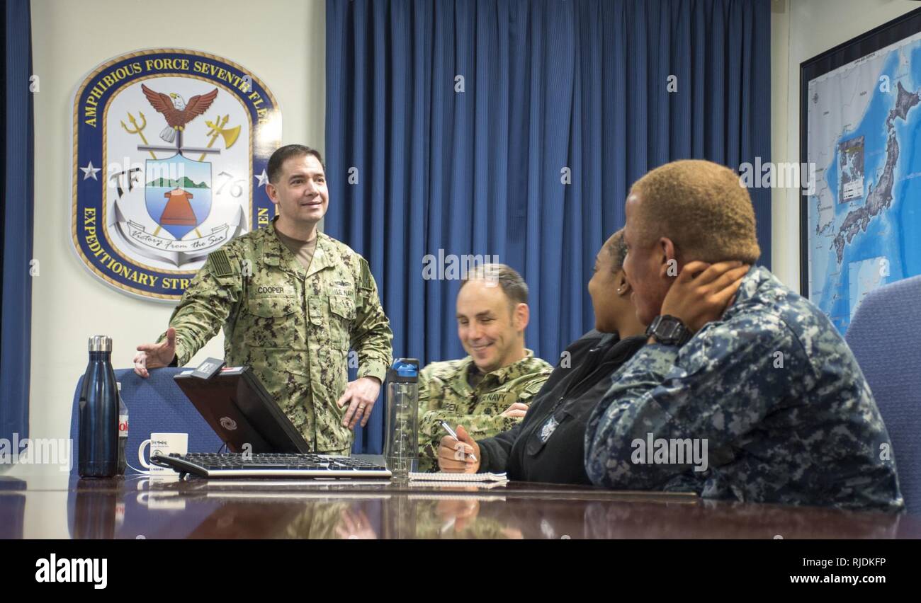 OKINAWA, Japan (Jan. 22, 2018) Rear Adm. Brad Cooper, speaks to members ...