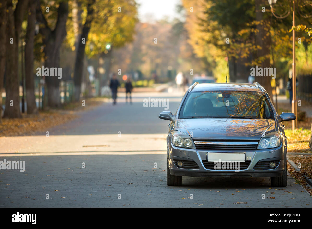 Front view of gray shiny empty car parked in quiet area on asphalt road ...