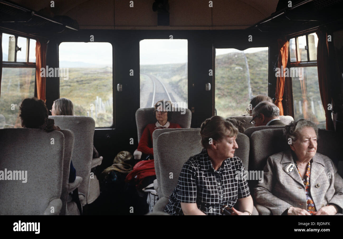 Passengers in British Rail observation car on the Kyle of Lochalsh Line ...