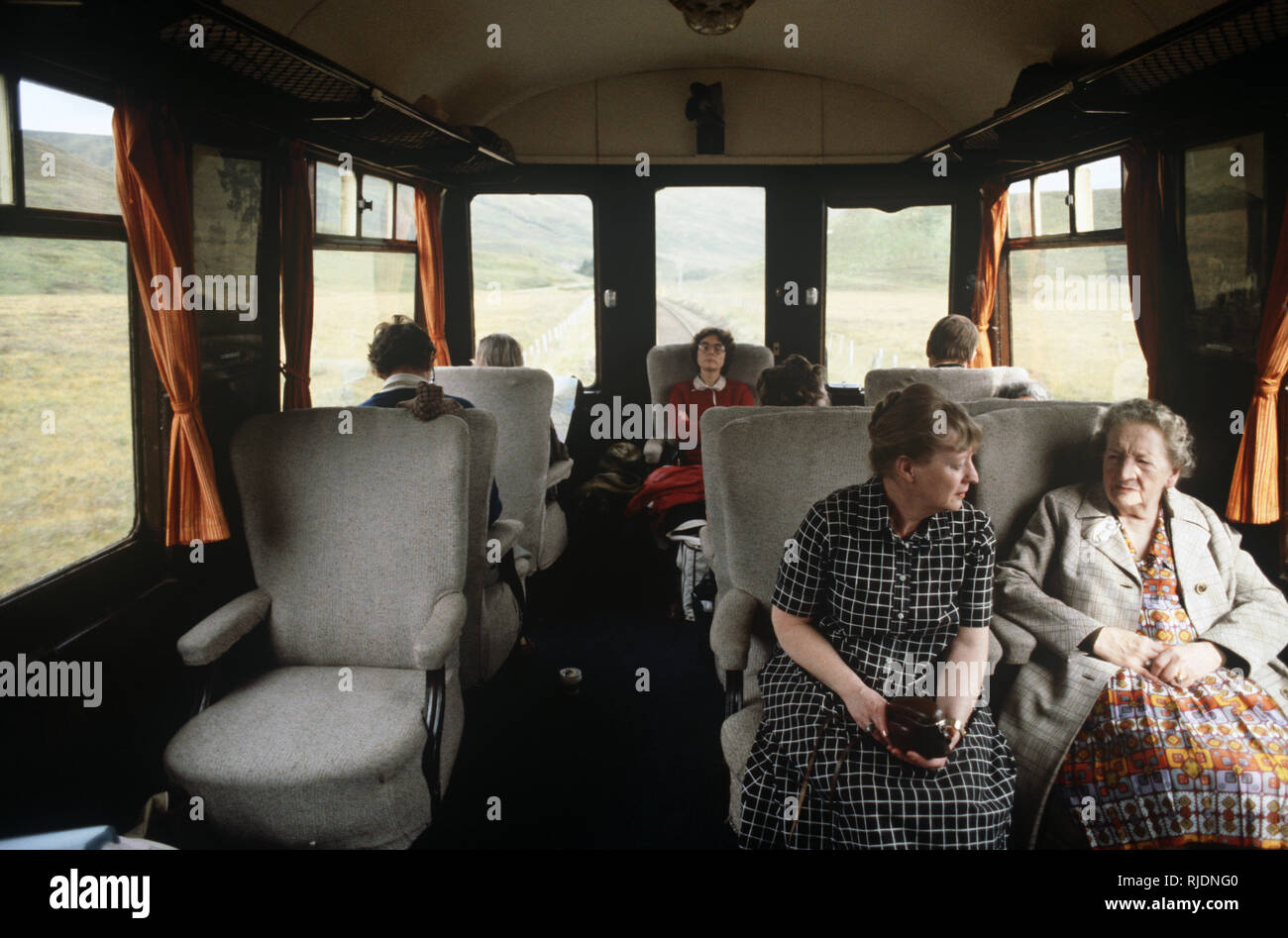 Passengers in British Rail observation car on the Kyle of Lochalsh Line ...