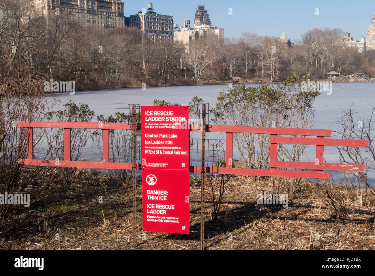 Ice Rescue Ladder Station Sign with the Frozen Lake in background ...