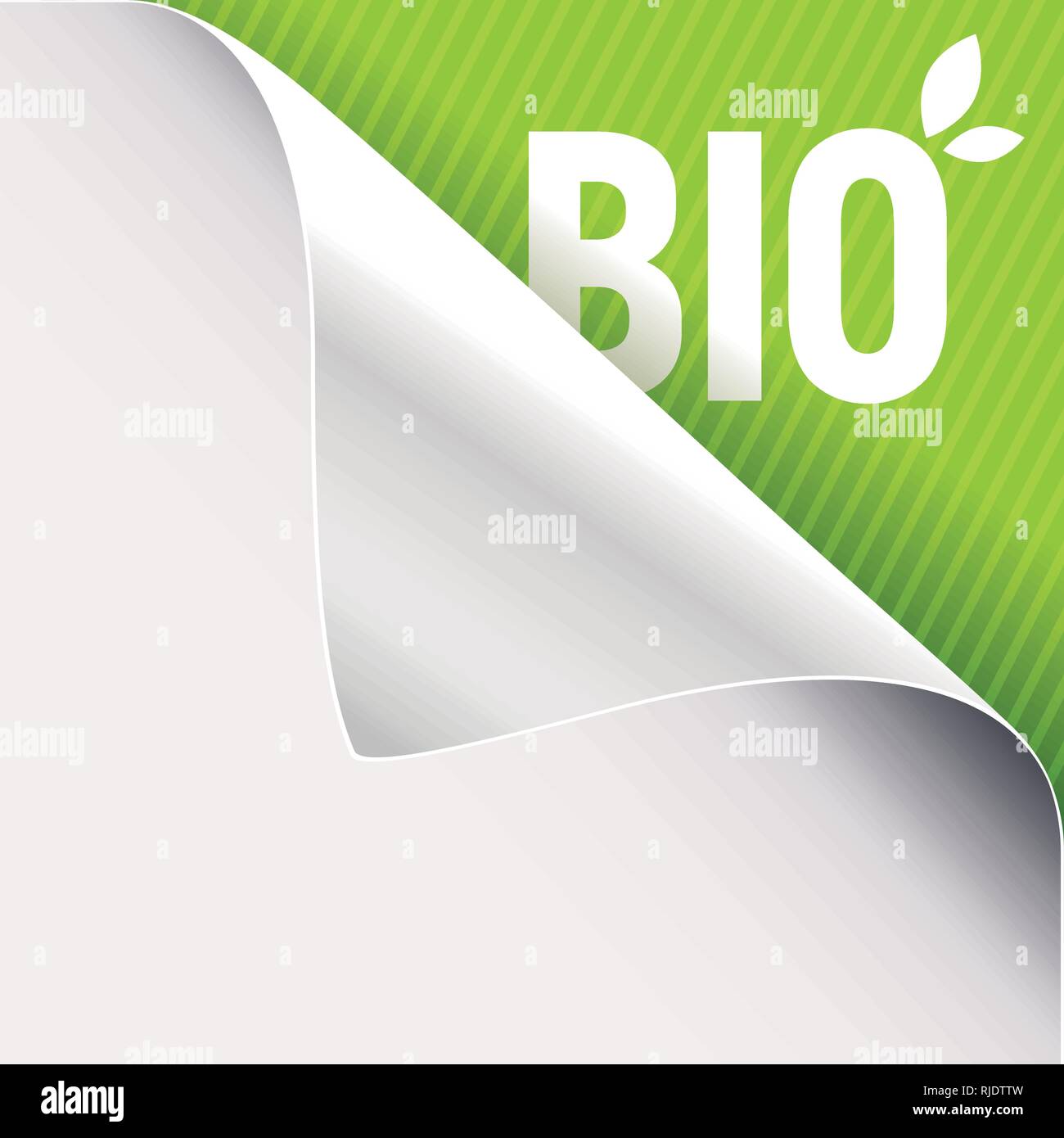 Curled corner of white paper on a green right top angle background. Bio ...