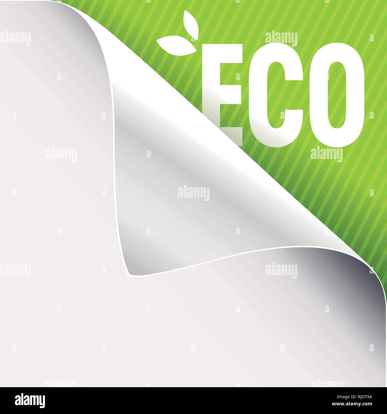 Curled corner of white paper on a green right top angle background. Eco ...