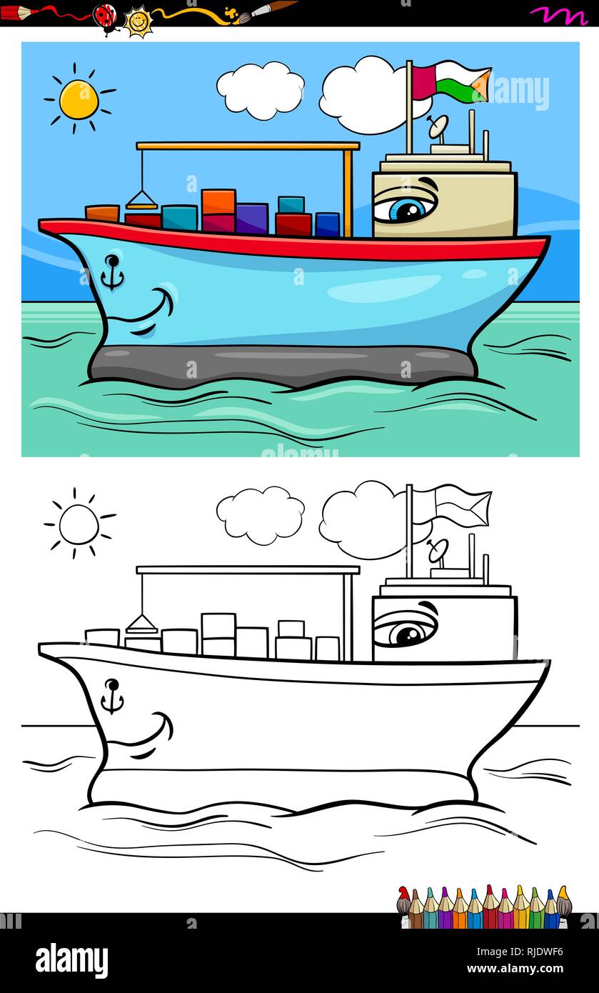 Cartoon Illustration of Funny Container Ship Character on the Sea ...