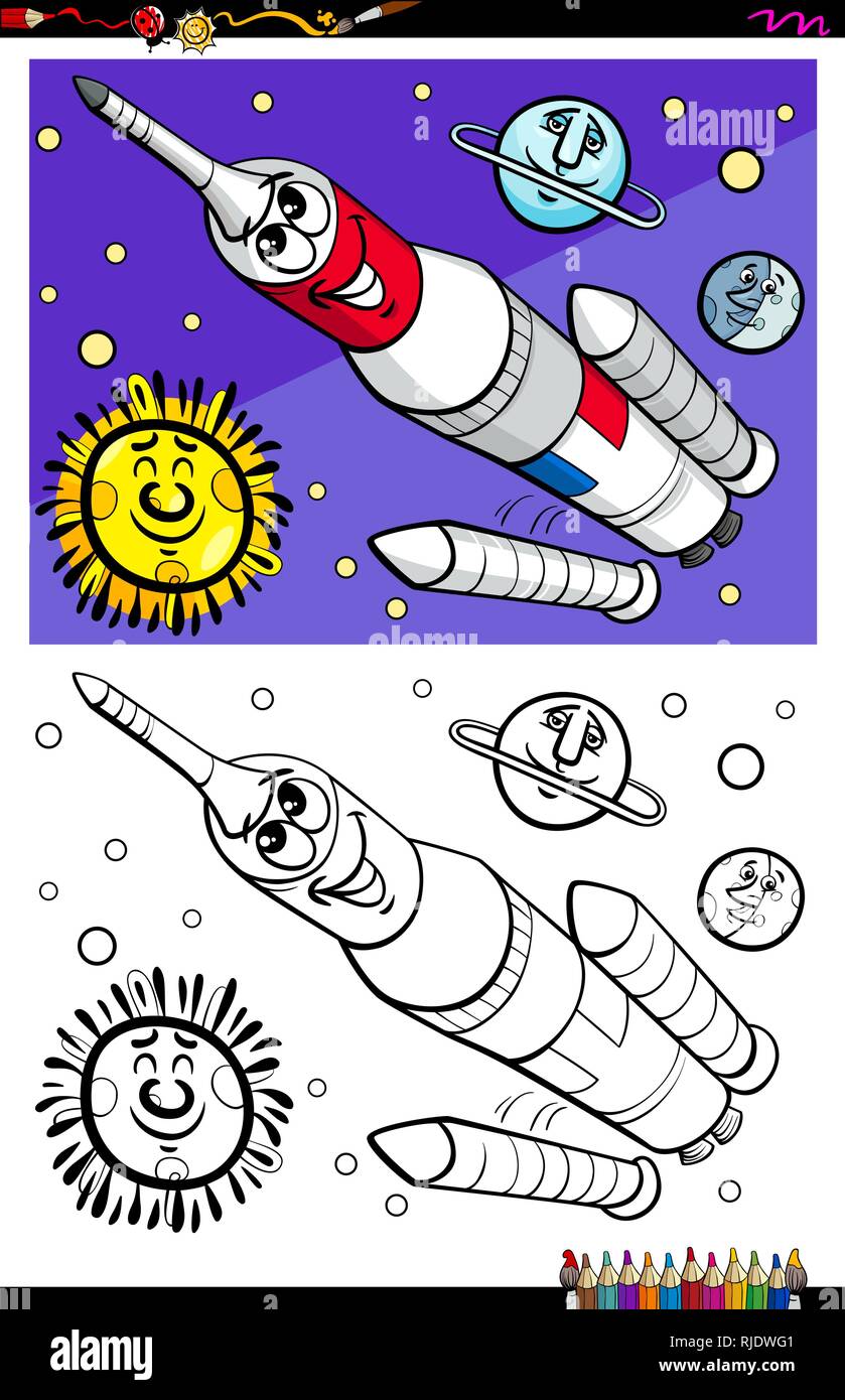 Cartoon Illustration of Funny Space Rocket in Cosmos Coloring Book ...