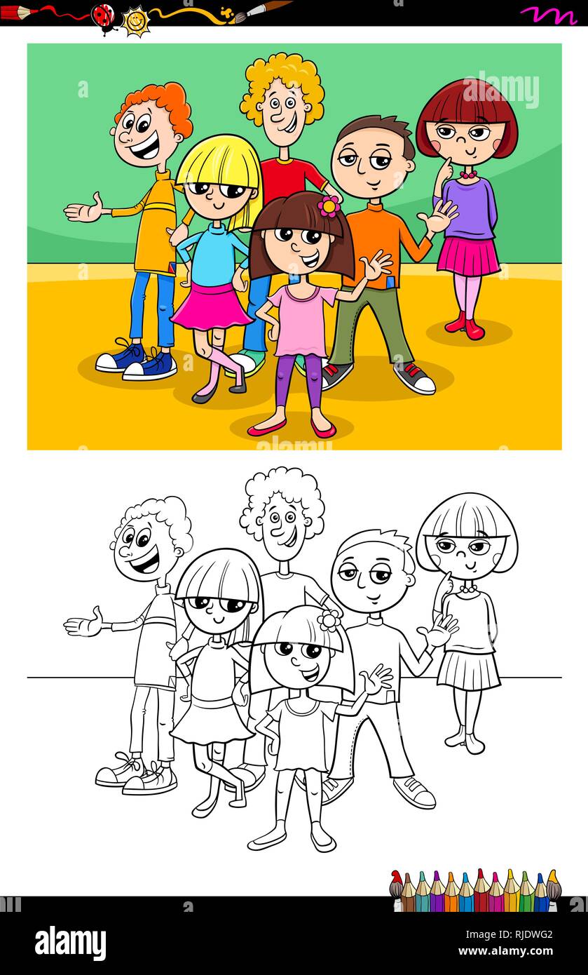 Cartoon Illustration of Children and Teens Characters Group Coloring ...