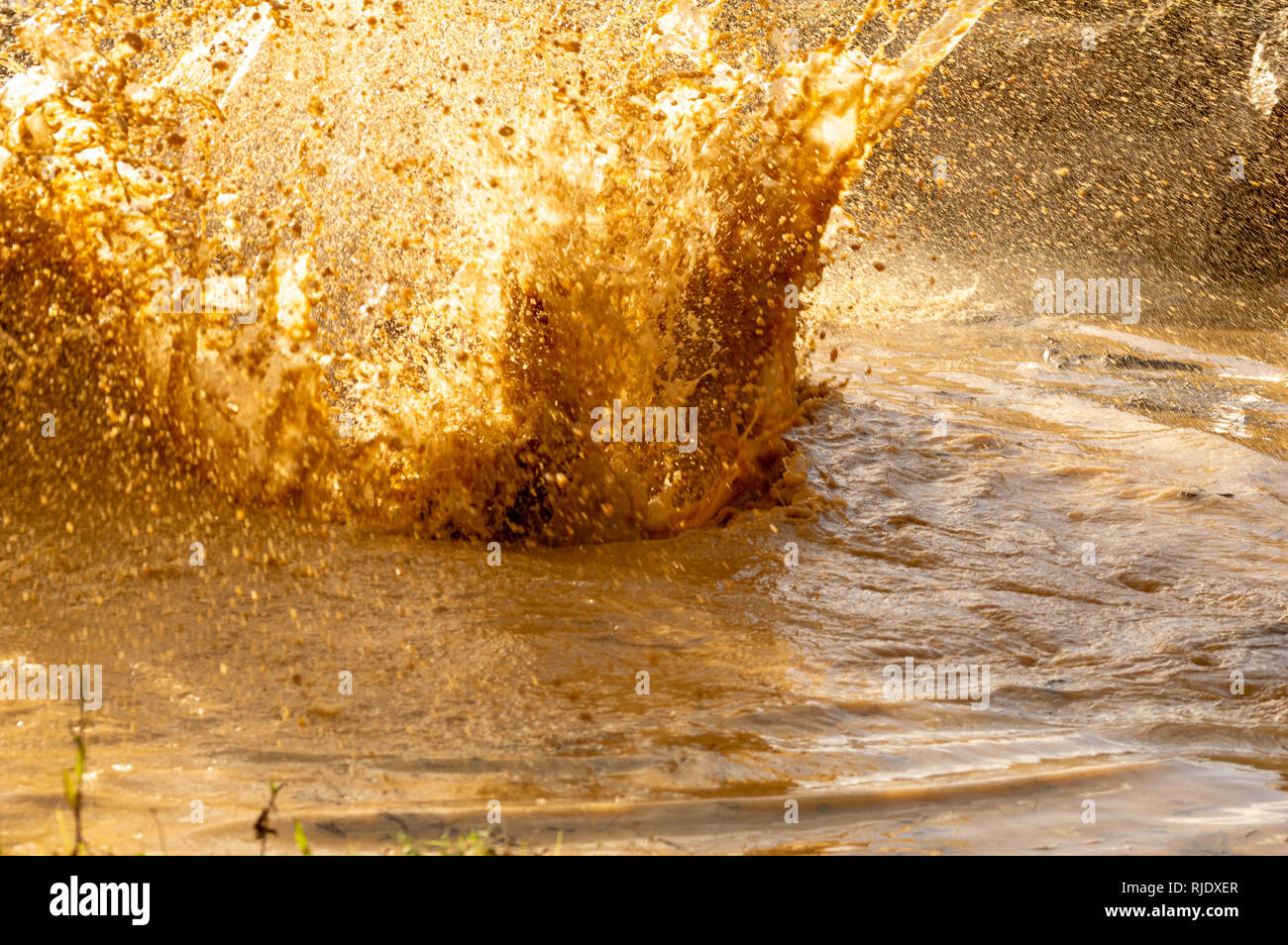Details of water drops and mud from a splash in a puddle in an obstacle ...