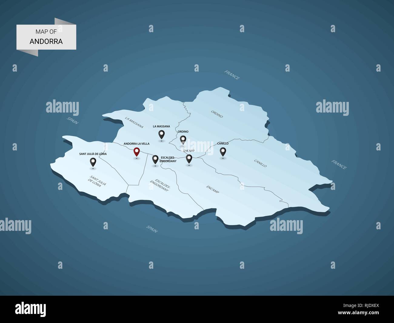 Isometric 3D Andorra map, vector illustration with cities, borders ...