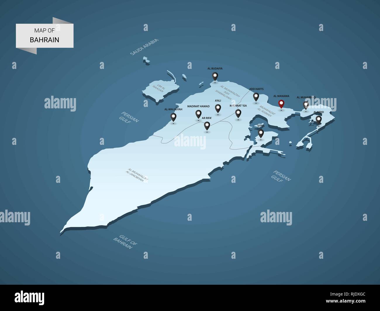 Isometric 3D Bahrain map, vector illustration with cities, borders ...