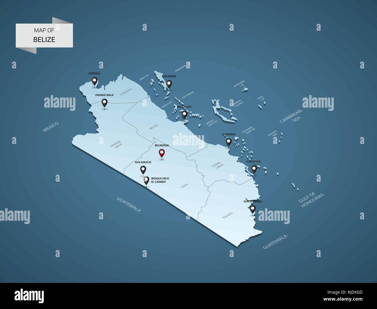 Isometric 3D Belize map, vector illustration with cities, borders ...