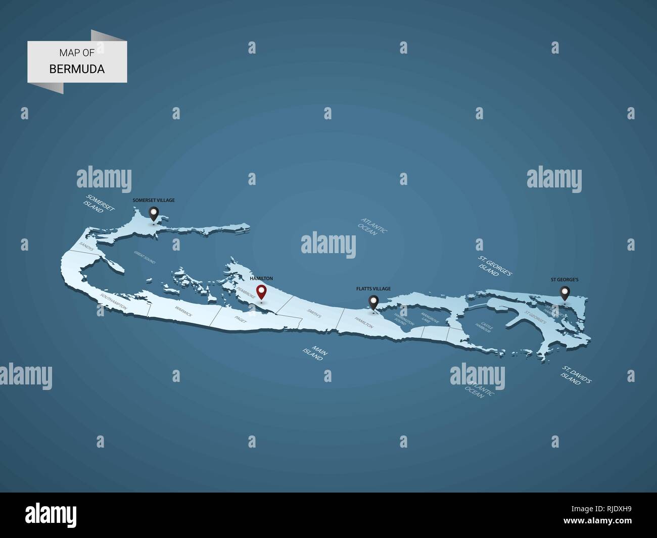 Isometric 3D Bermuda map, vector illustration with cities, borders ...