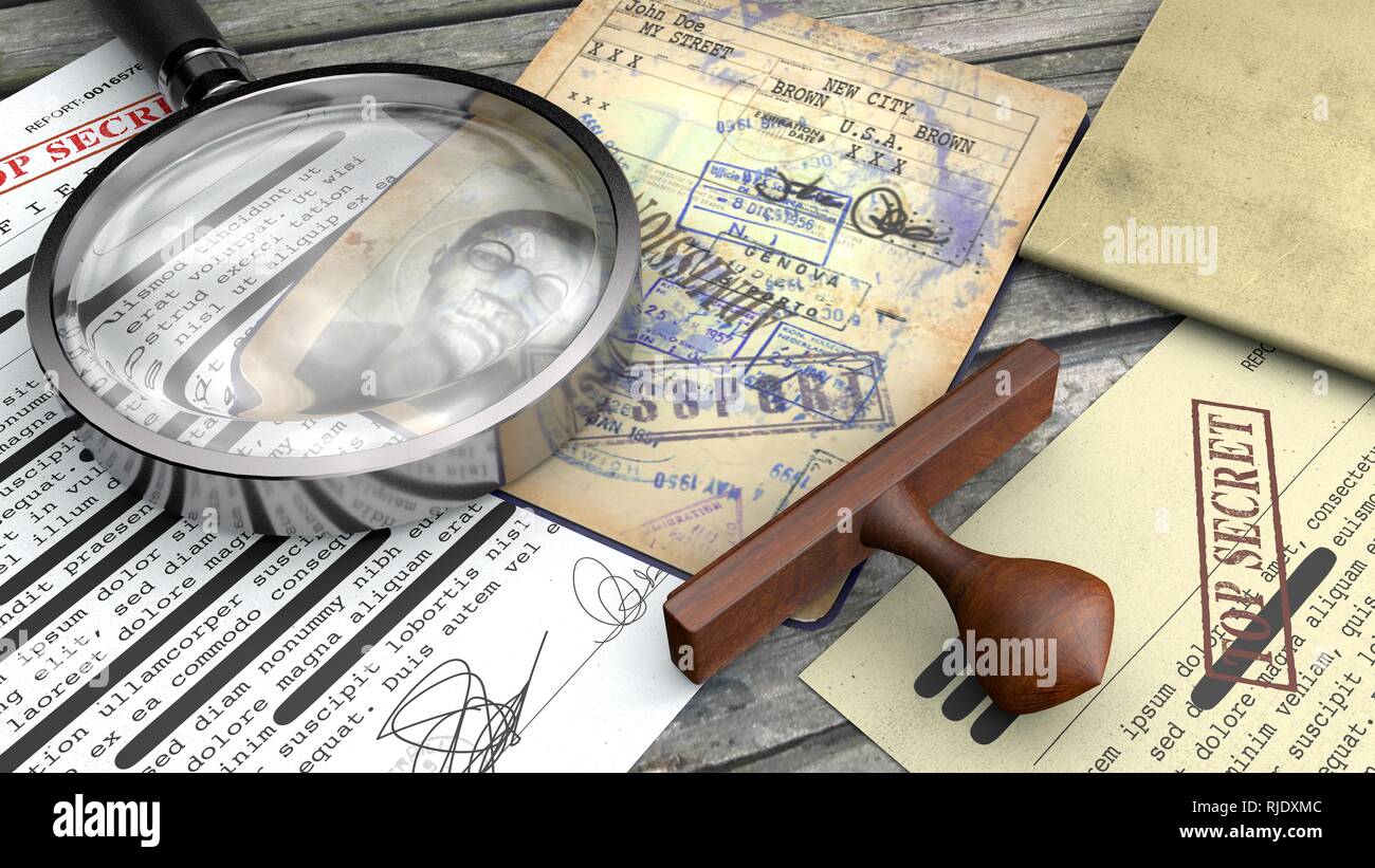 Top secret document. Magnifying glass and stamp, passport, secret agent ...