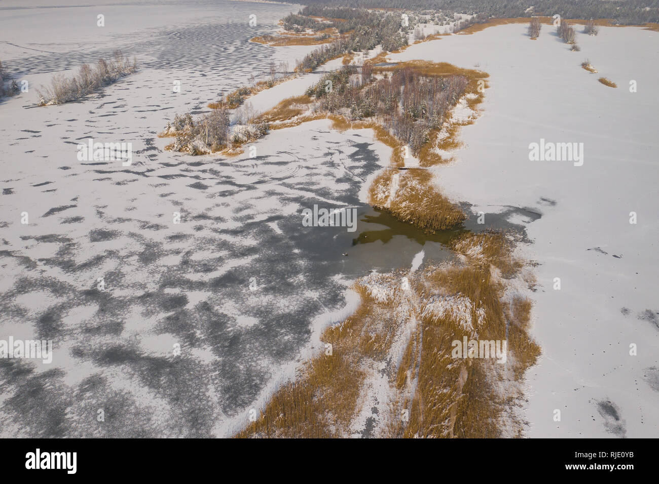 Aerial view of the winter snow covered forest and frozen lake from ...