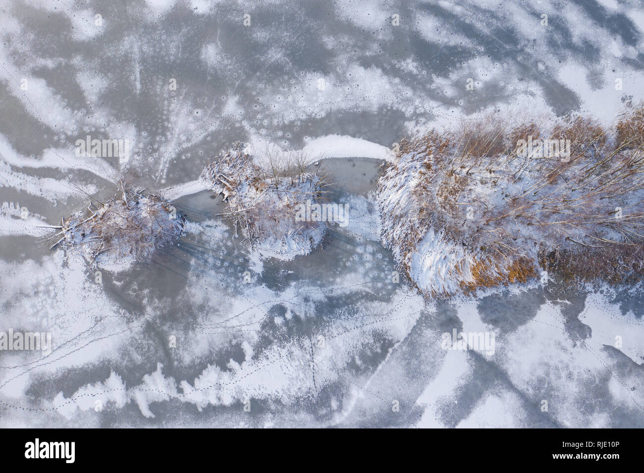 Aerial view of the winter snow covered forest and frozen lake from ...