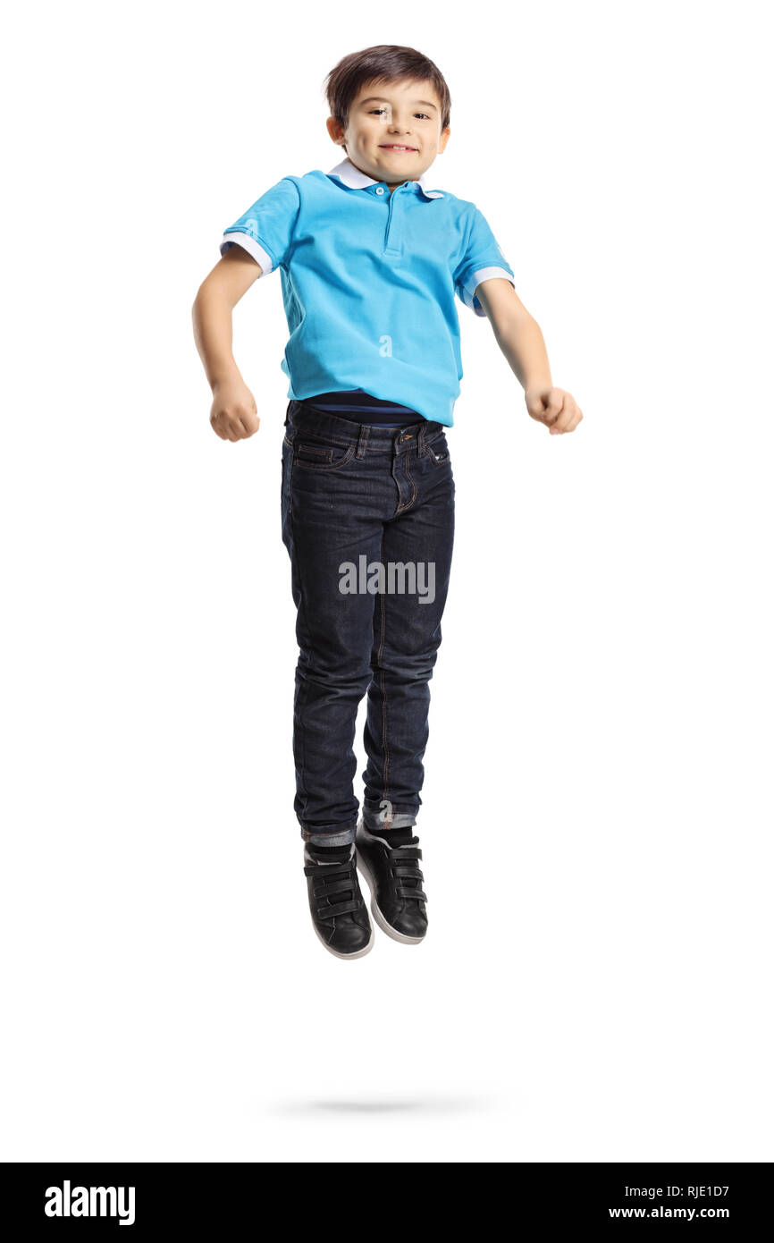 Full length portrait of a little boy jumping isolated on white ...