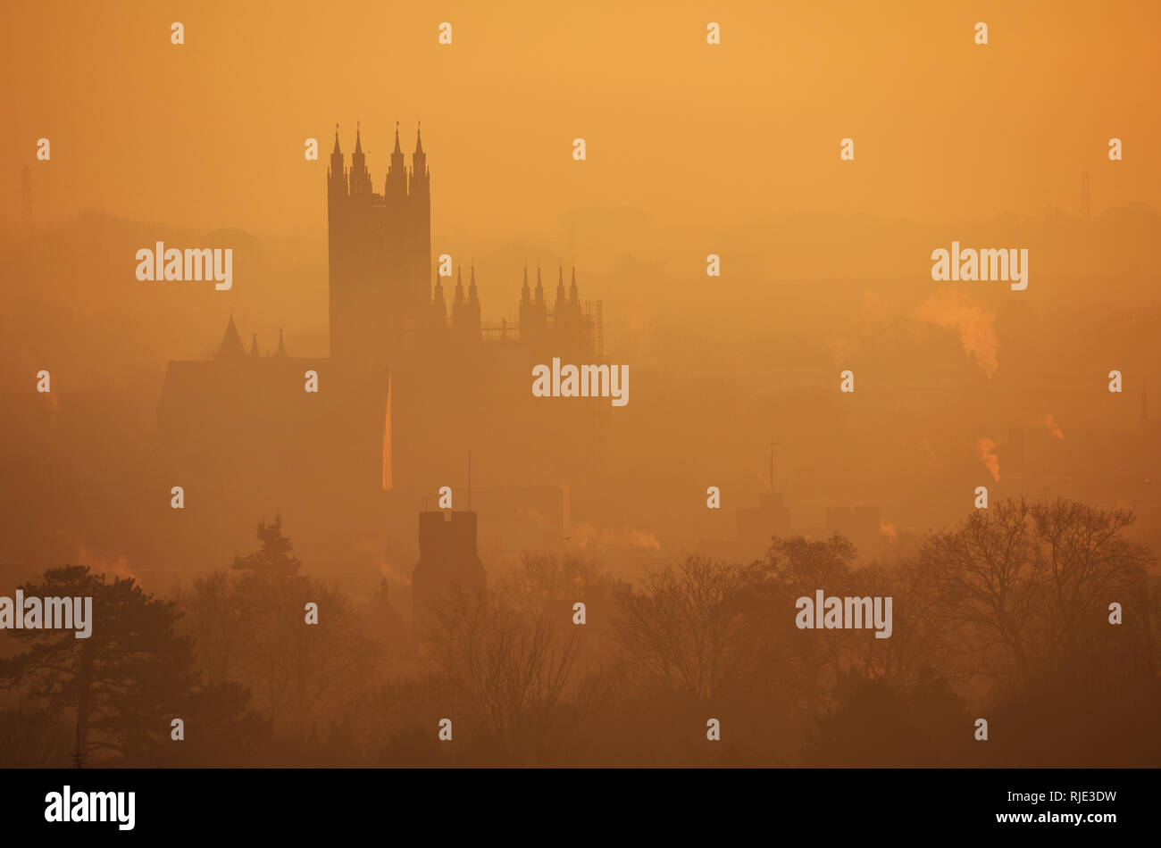 Sunrise over Canterbury cathedral on a cold, crisp January morning ...