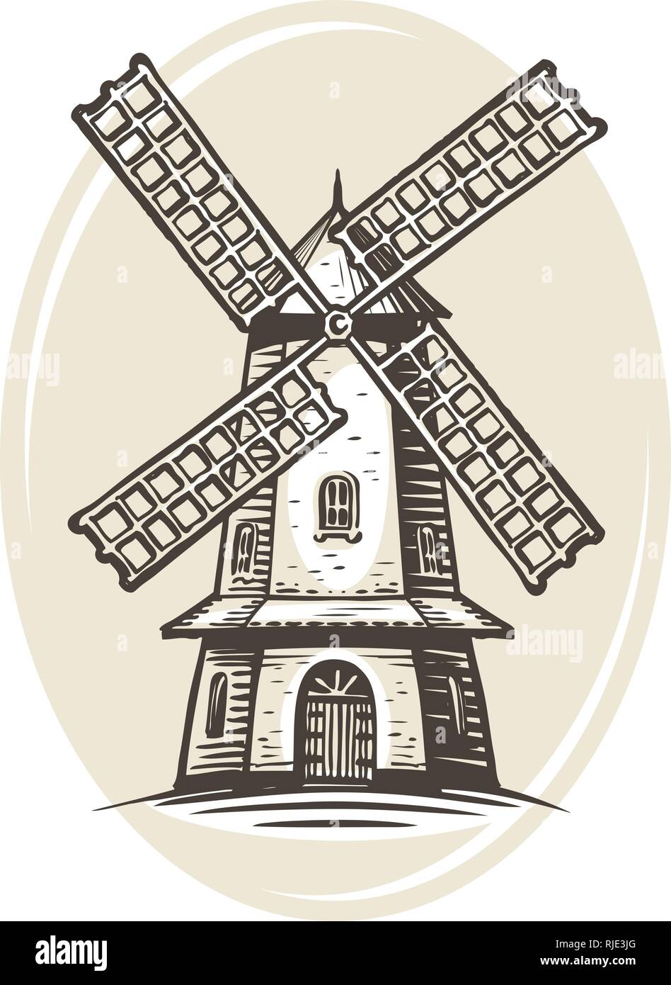 Windmill logo or label. Farm, agriculture, bakery, bread icon. Hand ...