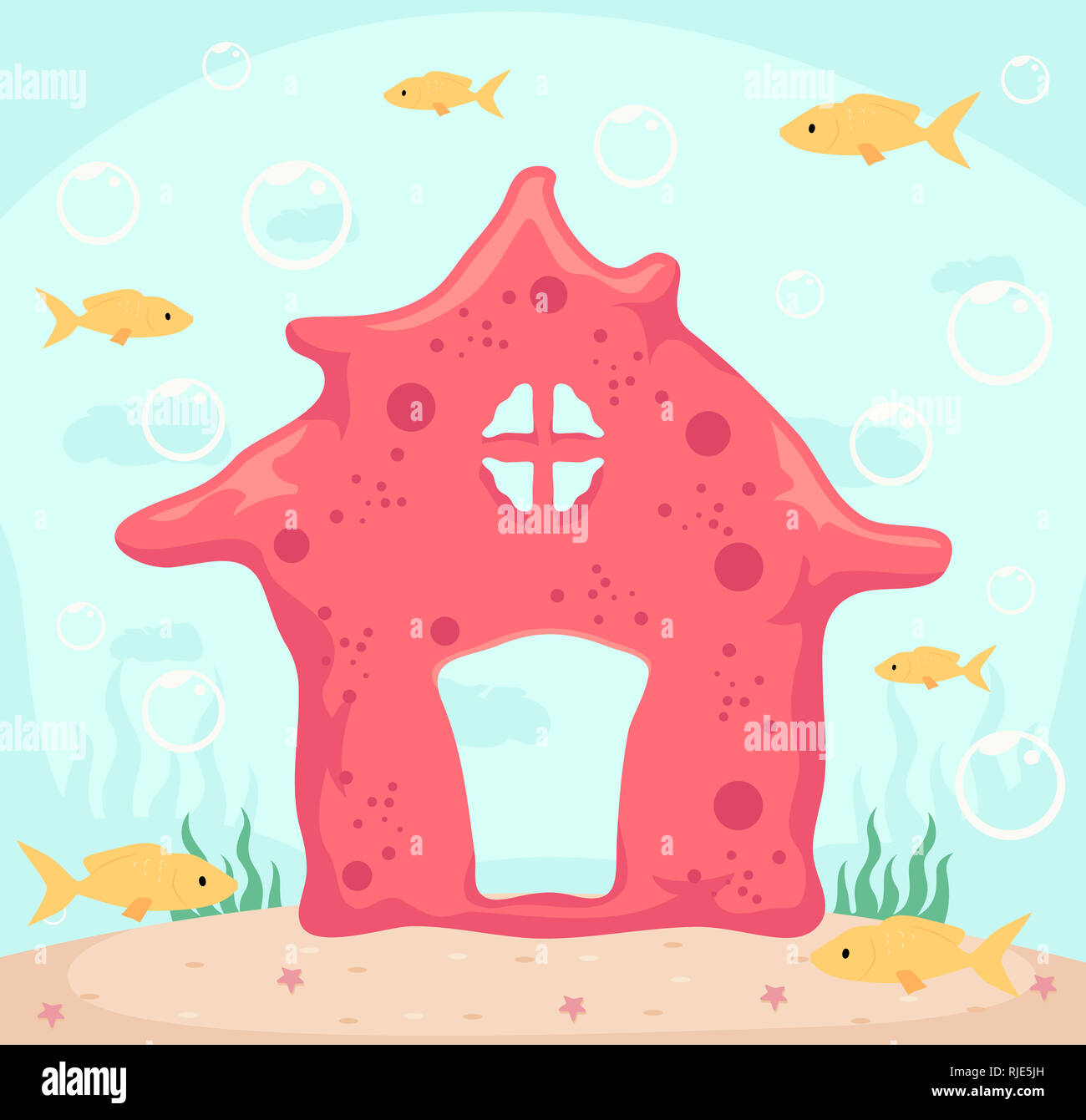 Illustration of a Red House Shaped Coral with Fish and Sea Grass on the ...