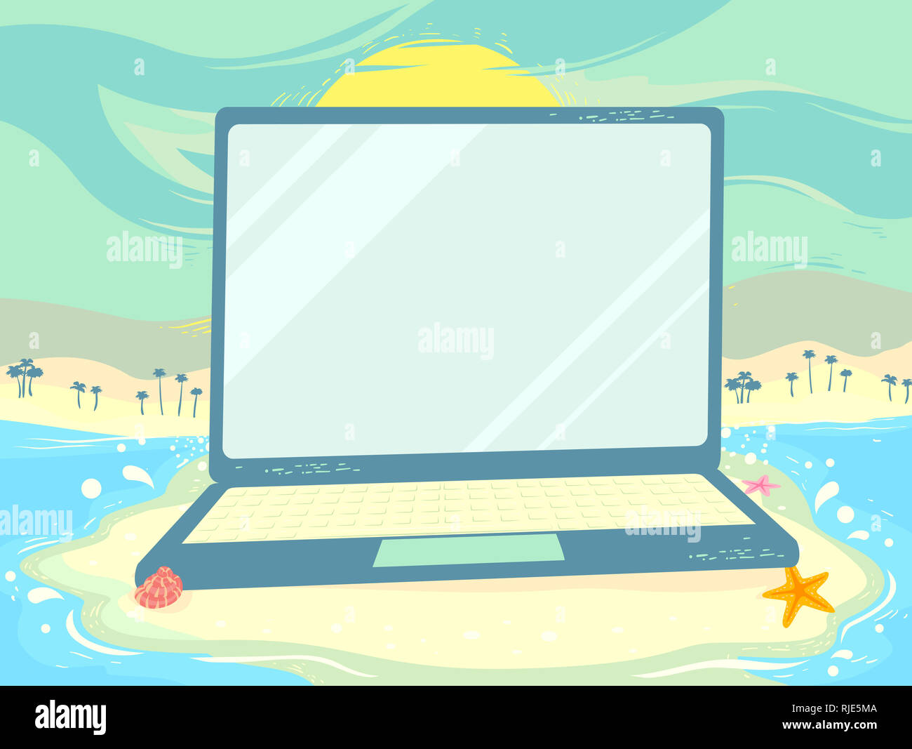 Illustration of a Laptop on the Beach Sands with Shells and Starfish ...