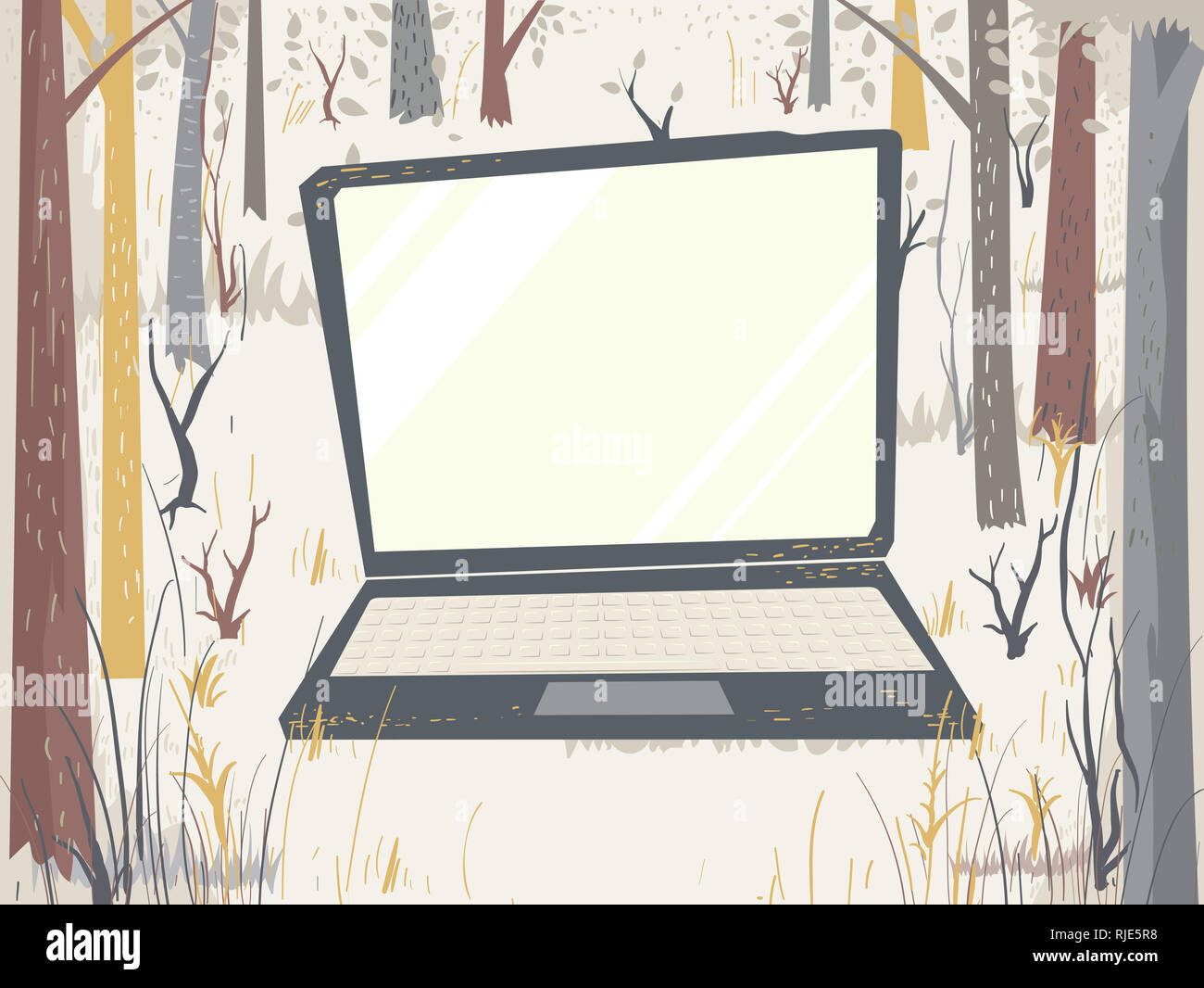 Illustration of a Laptop on the Floor with the Trees in the Woodland ...