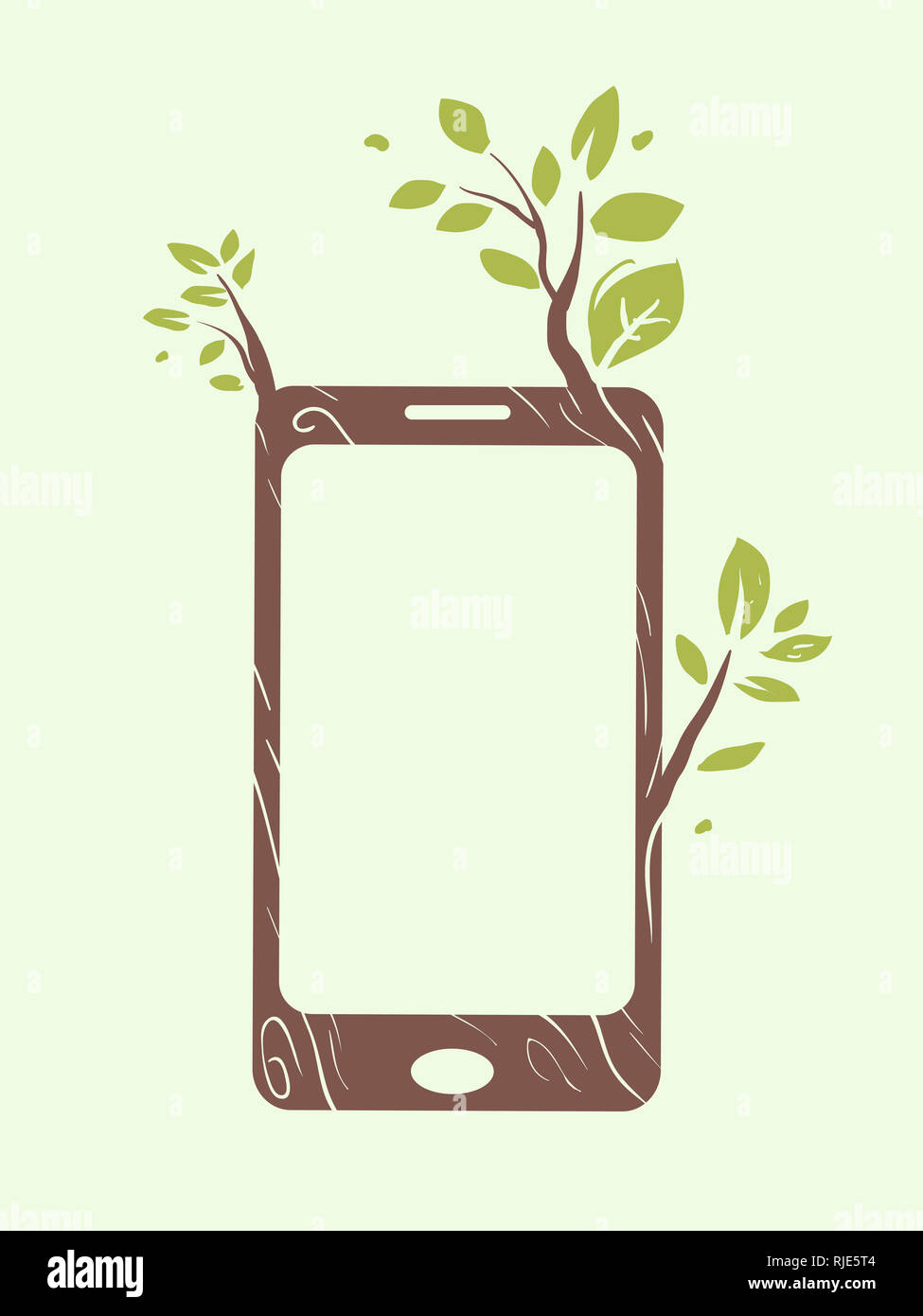 Illustration of a Mobile Phone Made of Wood with Tree Branches. Green ...