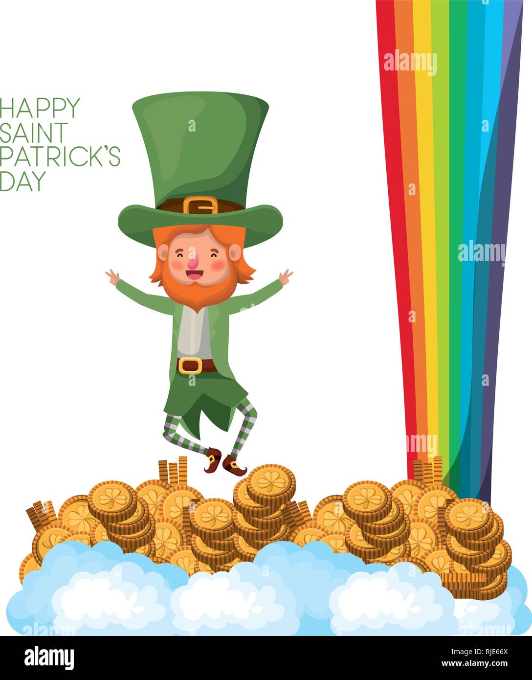 happy saint patrick`s day label with leprechaun and rainbow Stock ...